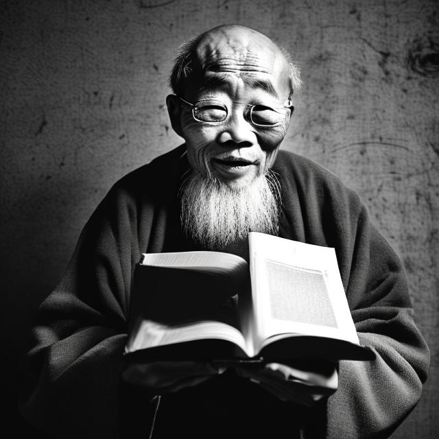 A wise old chinese man holding a book of knowledge i...