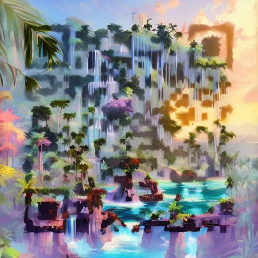 a painting of a tropical island, with a waterfall, a...