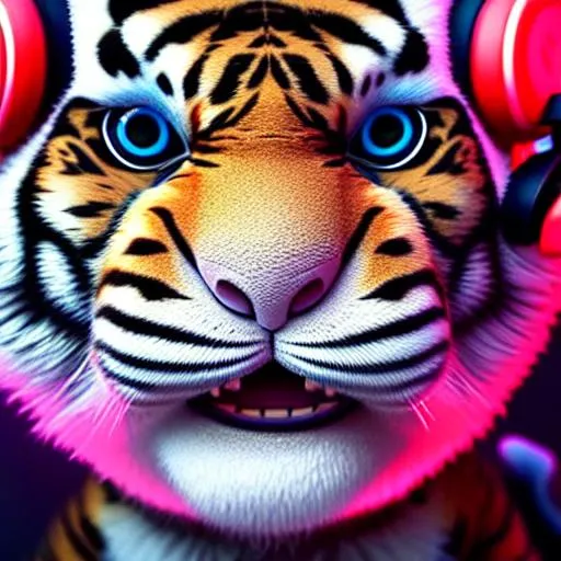 3d fluffy tiger with gaming headphones, cute and ado... | OpenArt