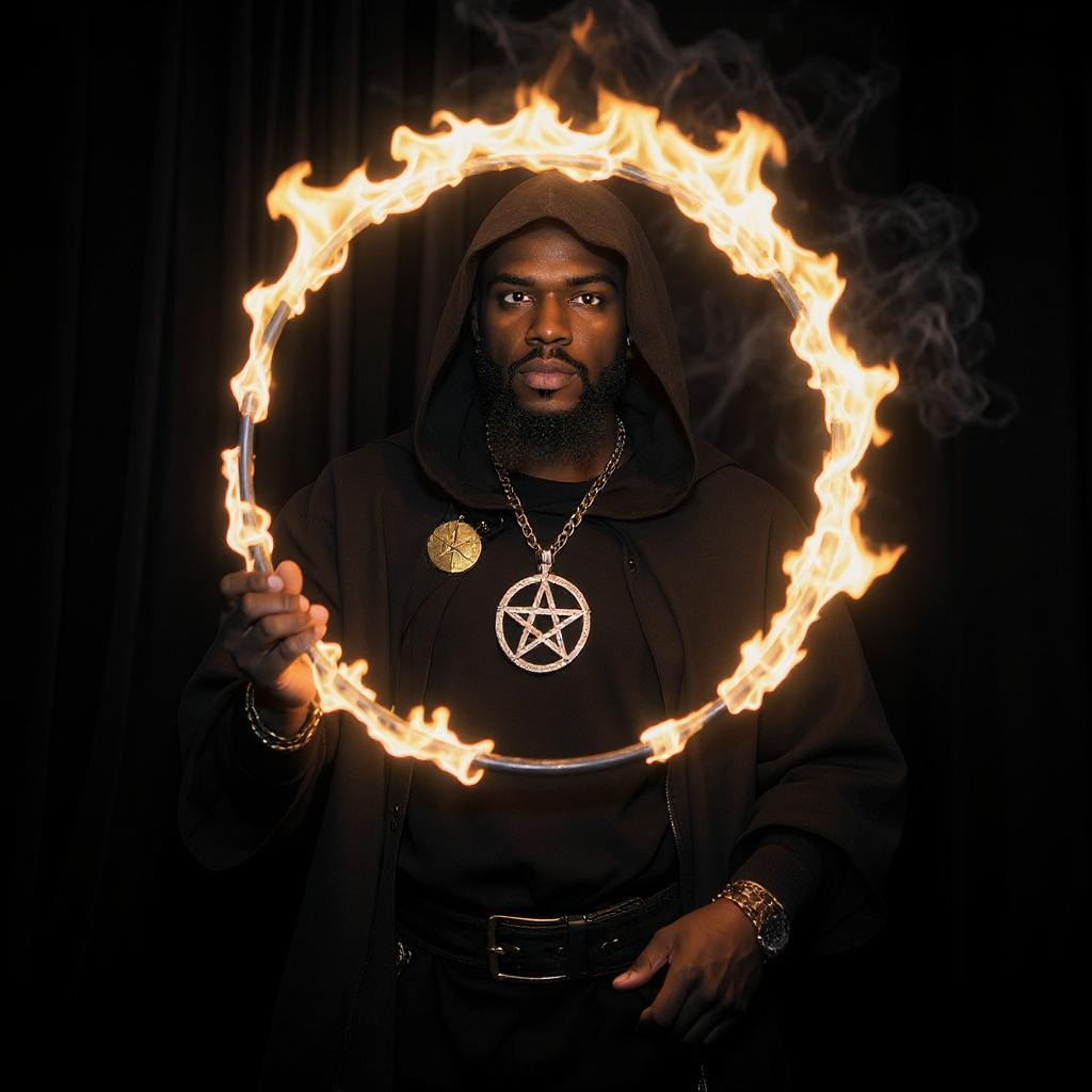 Man is facing the camera and holding a hoola hoop wi...