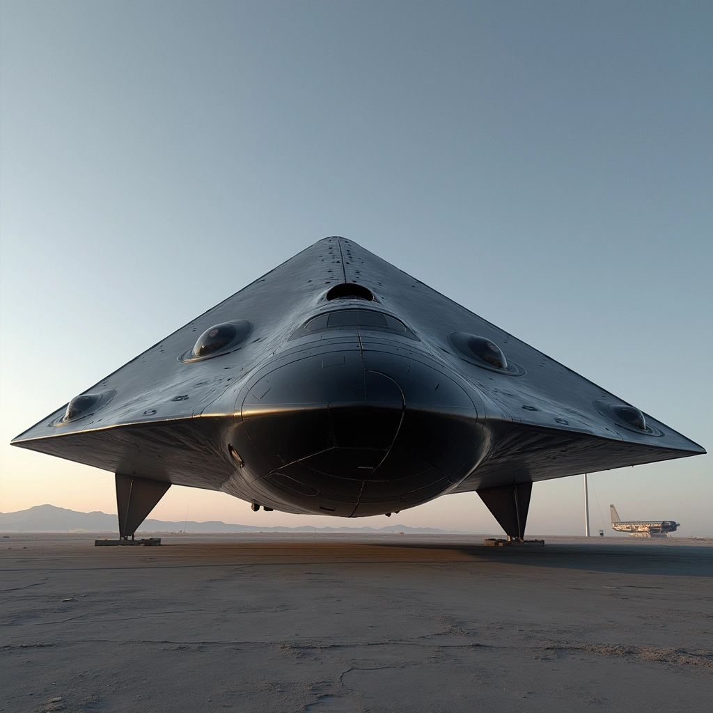 A black wide delta wing starship forms part of the h...