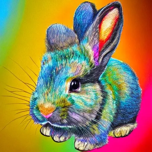 a colorfull drawing of a bunny, ring lights, , with...