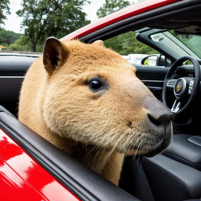capybara driving a red porche 911 2023 model into a...