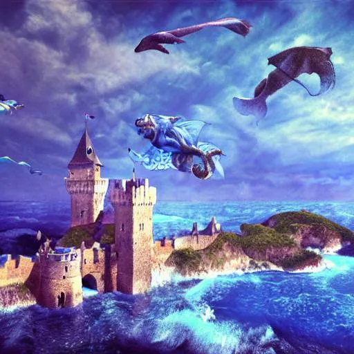 castles flying over a blue sea, fish are seen flying... | OpenArt