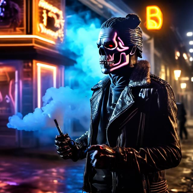 HD, skeleton, smoking vape outside a bar, in the rai... | OpenArt