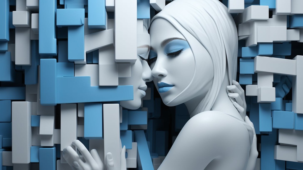 vector white blocks morph into a blue man and blue w...