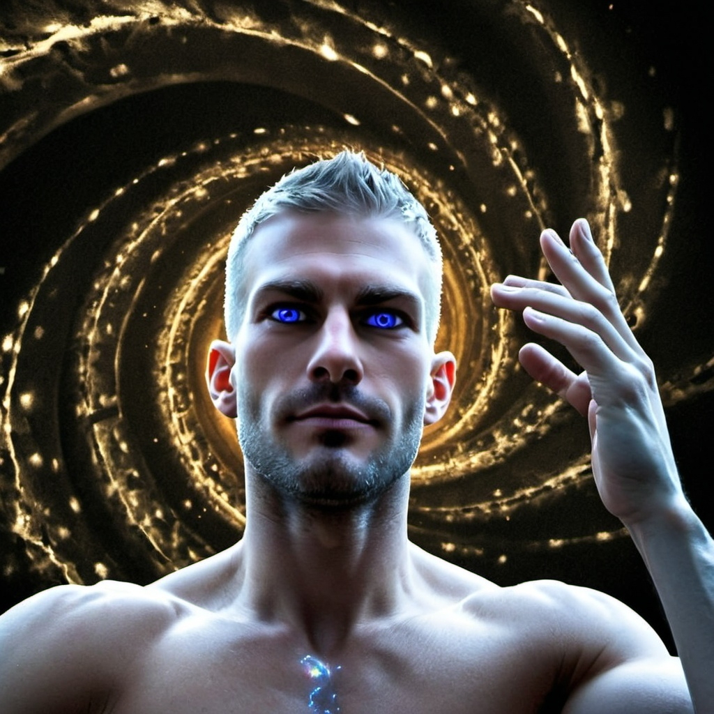 A stunning male humanoid with glowing, crystalline b...