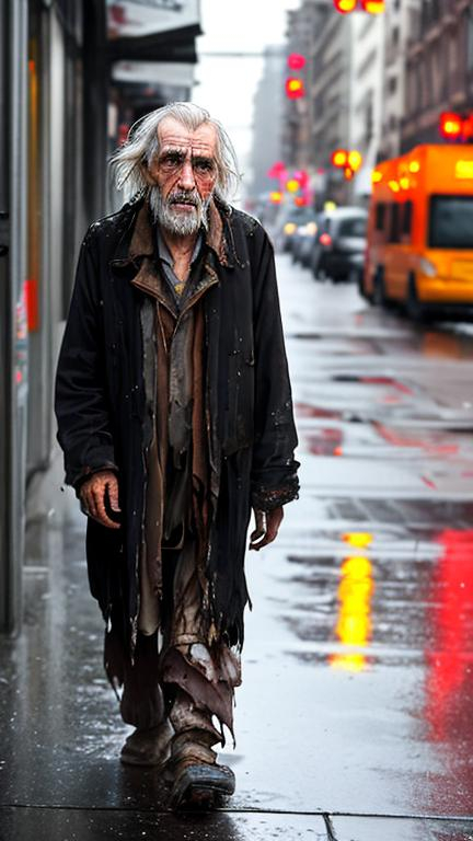 A dirty disheveled elderly man in filthy clothes wal... | OpenArt