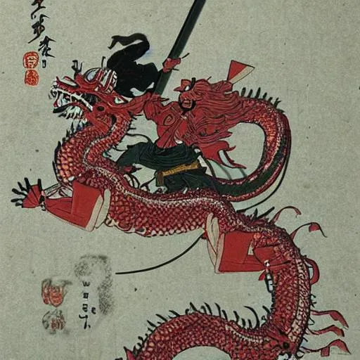 samurai riding a ancient asian dragon