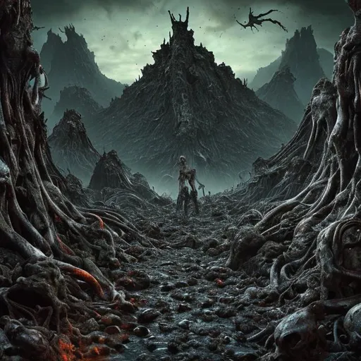 a dark landscape with rocks and vegetation, horrific...