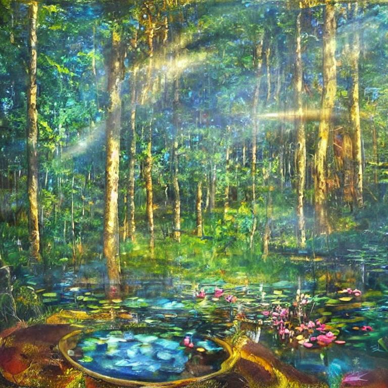 Magical pond, in forest, childhood, brilliant sunray... | OpenArt