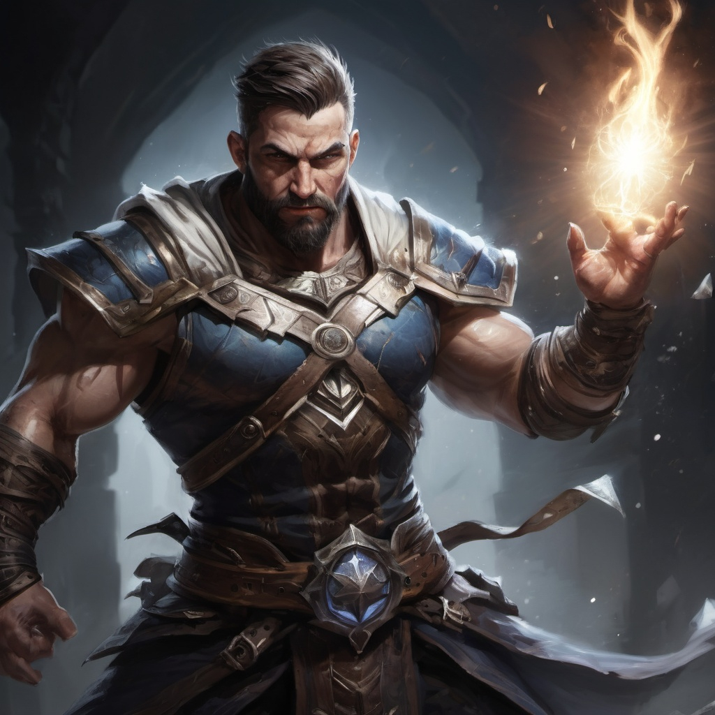 Male stocky large muscular battle-mage with short-cu...
