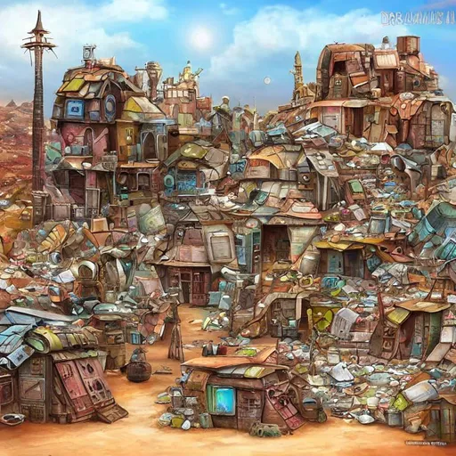 quirky village of buildings made of trash, on a dese...