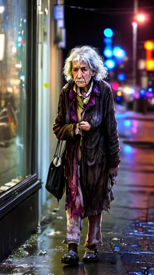 A dirty disheveled elderly woman in filthy clothes w... | OpenArt