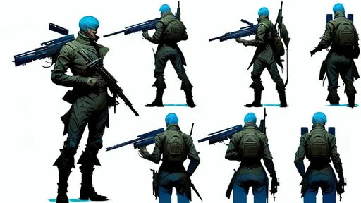 male futuristic character shooting from a rifle , co...