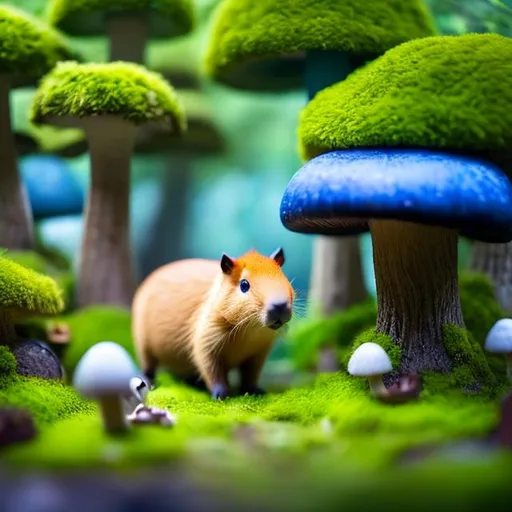 a Cute capybara trotting through a Mushroom cavern,...