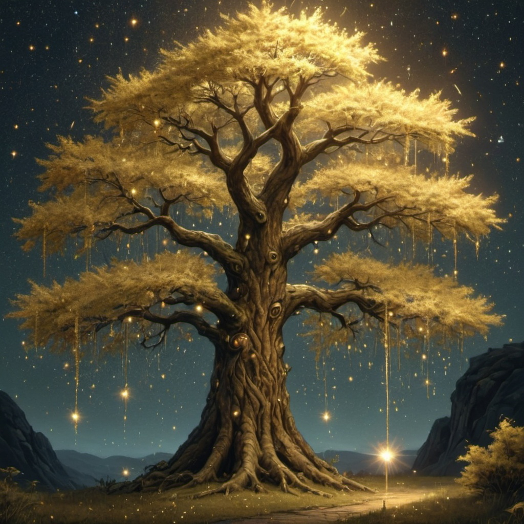 a tall tree, sparkling gold, magical, night time