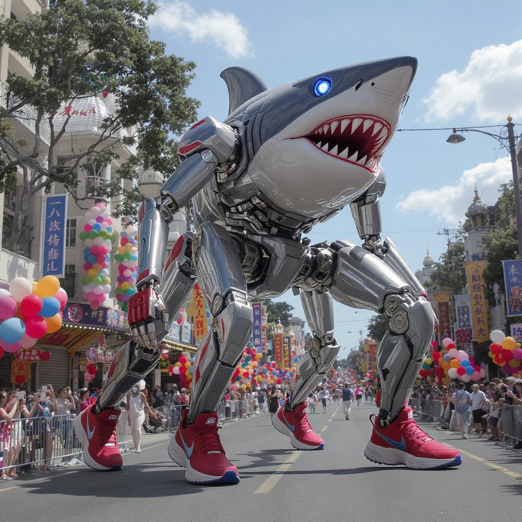 > A colossal three-legged shark robot, towering 6 me...