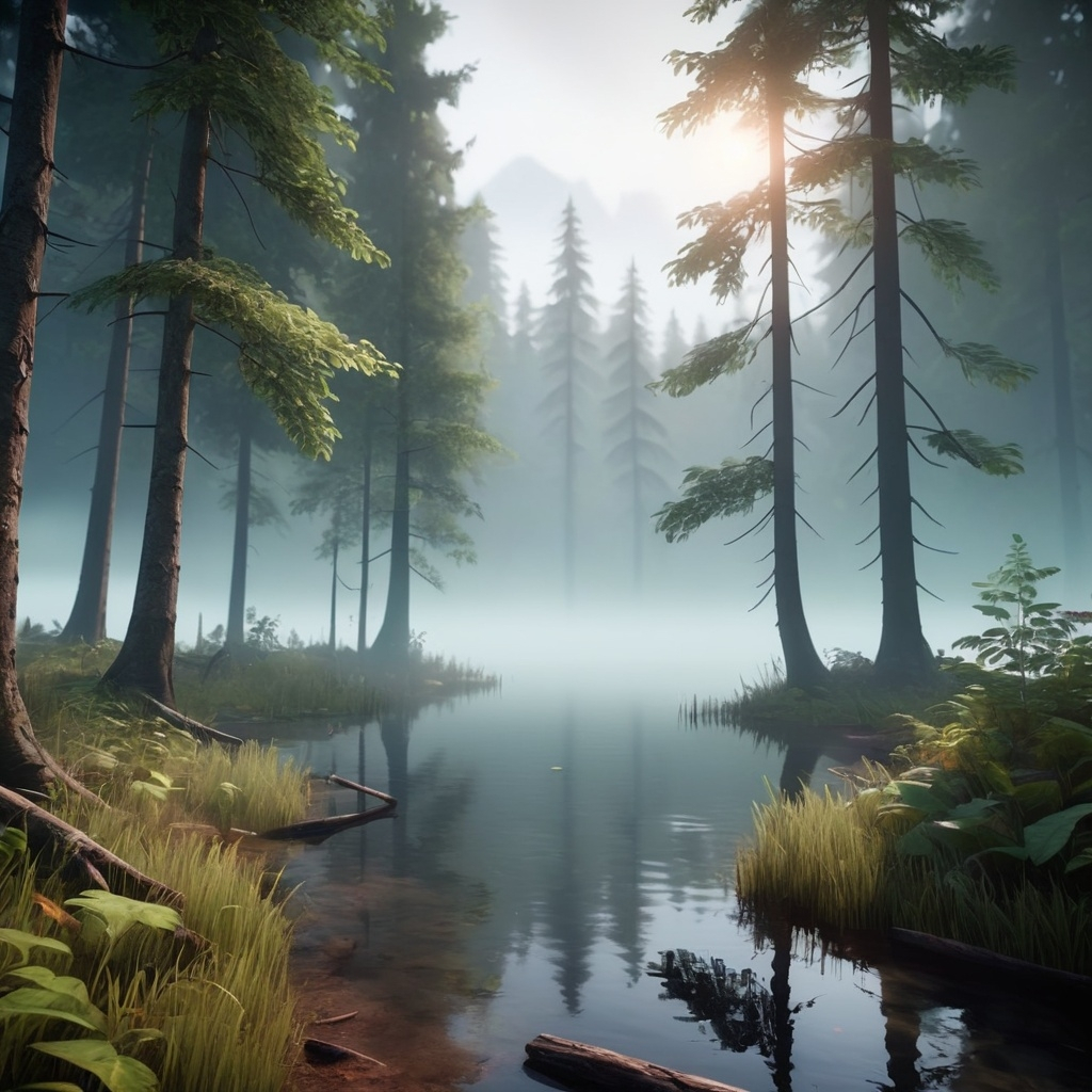 a mysterious misty forest next to a lake, high quali...