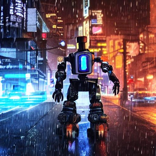 robot detective with high tech armor in a raining cy...