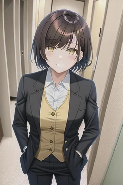 Beautiful manly girl, Messy Short Brown hair With ye...