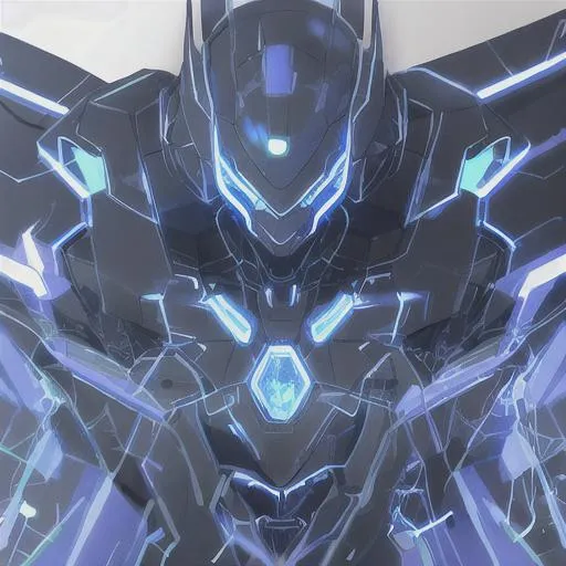 black robot outlined in blue wireframe light