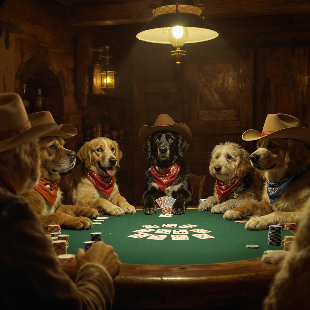 A group of dogs playing poker at a rustic cowboy sal...