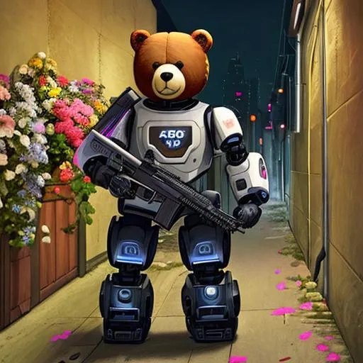 A robo teddy bear with flowers in one hand and a sho... | OpenArt