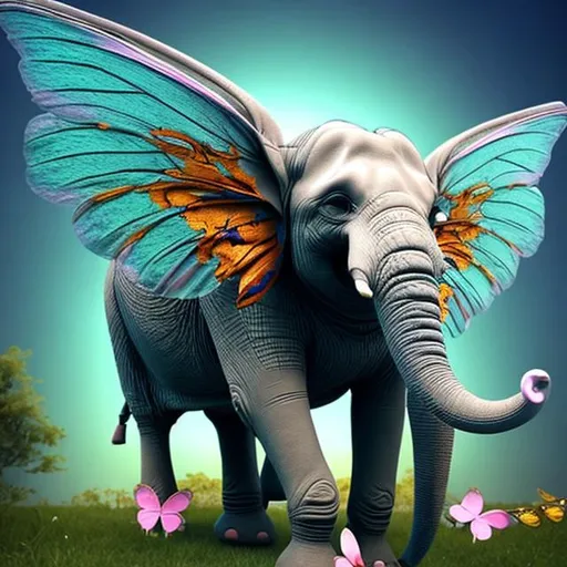 Cute elephant flying next to paradise
