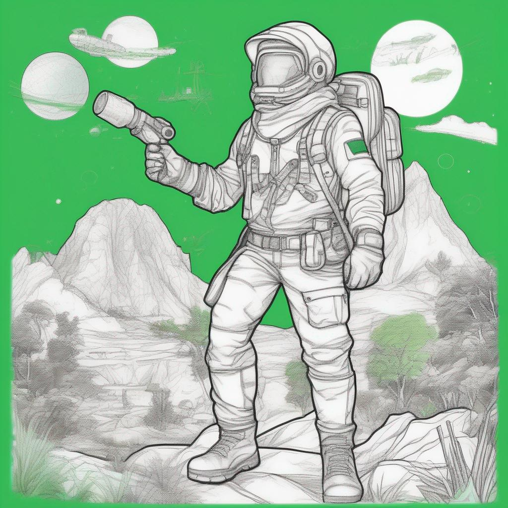 Explorer Green, in coloring book style, Masterpiece,...