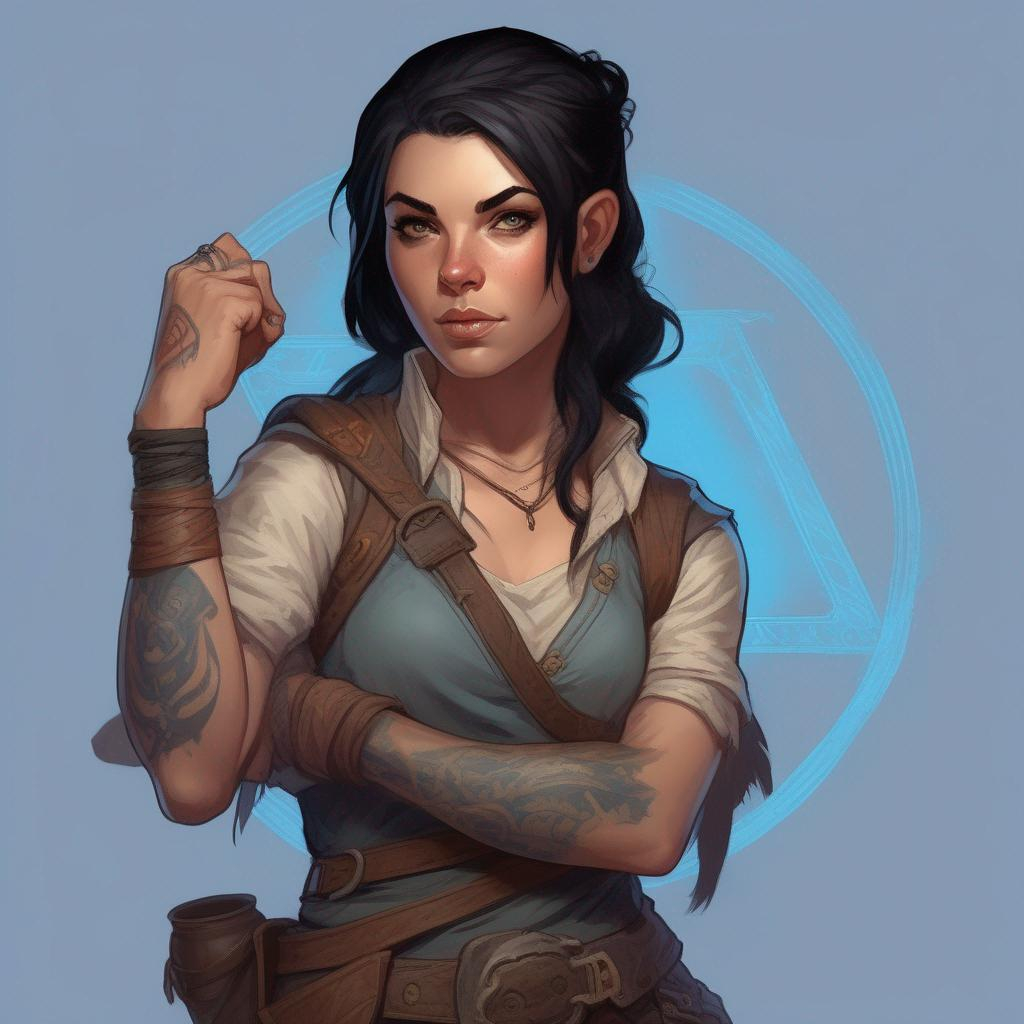 D&D 5e art. Female adventurer. Black hair. Her right...