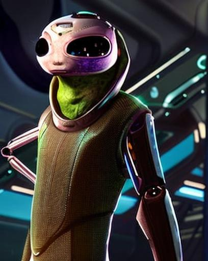 a friendly-looking frog alien npc in a futuristic sp...