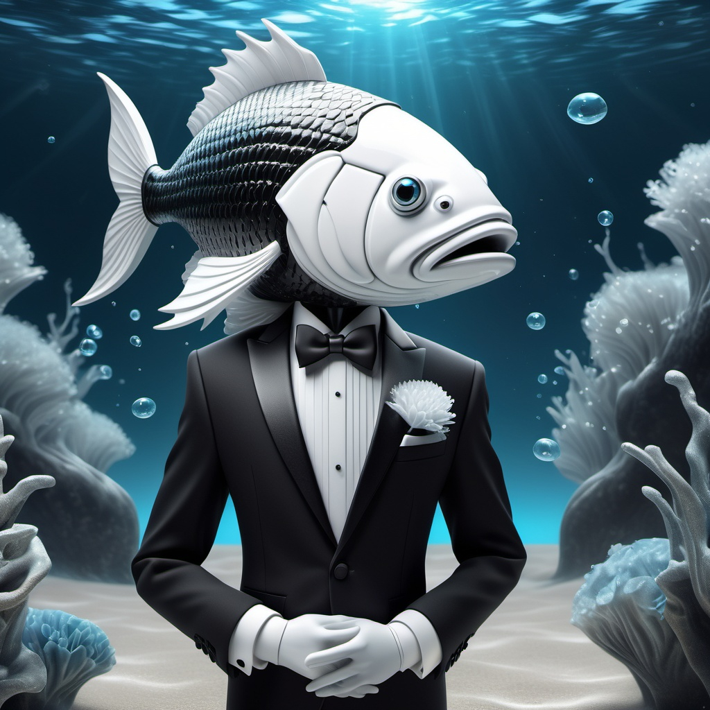 Humanoid in tuxedo with a fish head, elegantly dress...