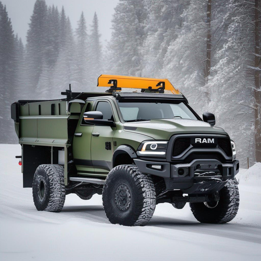 military truck with a ram plow