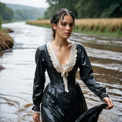 photo of young woman, in soaking wet clothes, wet Vi...
