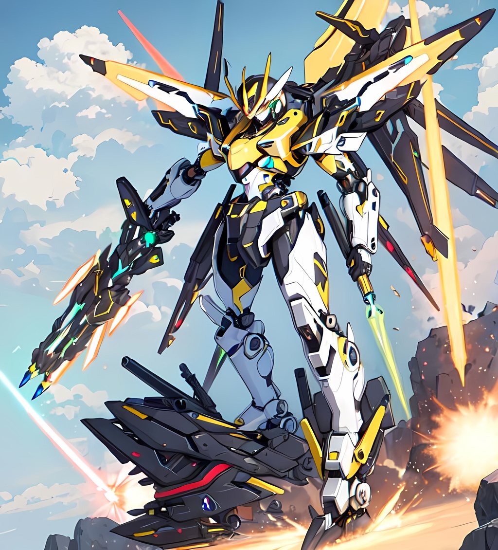 Dark yellow mech with an energy sword and missile pack