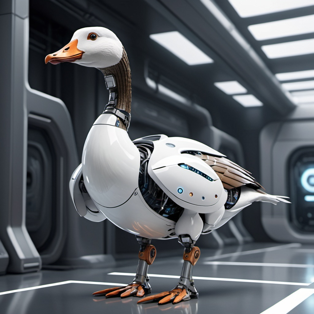 A futuristic goose with cyborg robotic attachments w...