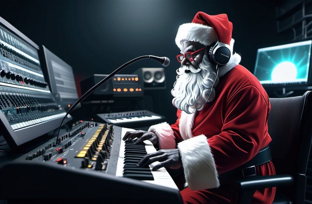 a dark and cyberpunk santa claus is playing a mighty...