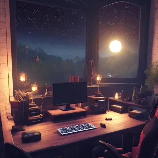 Desk setup for a PC gaming streamer during gothic er...