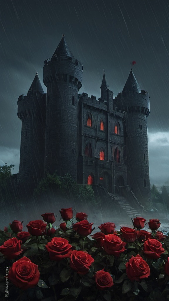 A dark castle near red roses on middle of the night...