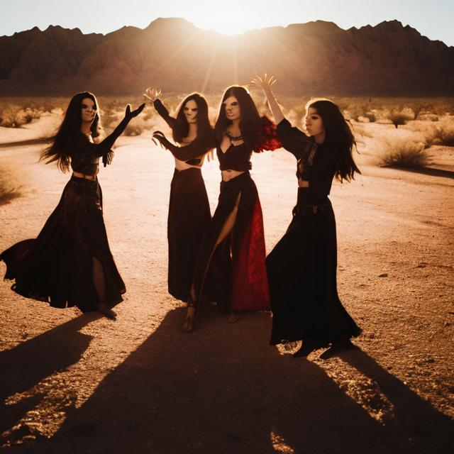 Three beautiful vampire women in the desert dancing...