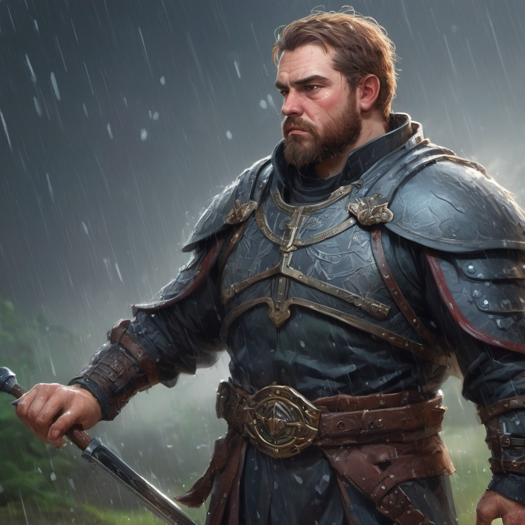 Male stocky heavy-set fat noble guard with short-cut...