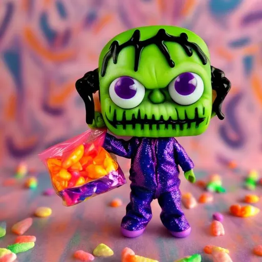 Miniature Frankenstein doll holding Halloween candy... | OpenArt