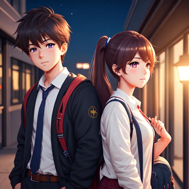 cute boy and girl at school , anime, with actions, n...