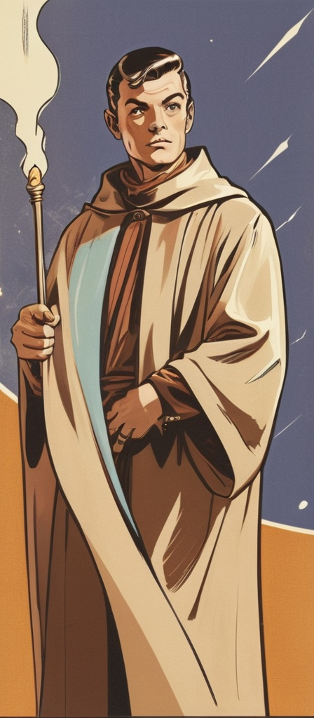 Silk screen comic book illustration, male wizard wea...