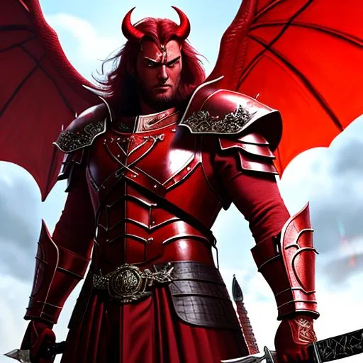 Big red demon like Satanás, shield and a sword, oil... | OpenArt