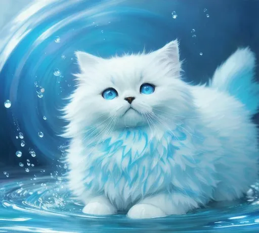 Cute, blue, fluffy, liquid cat, possessing the eleme...