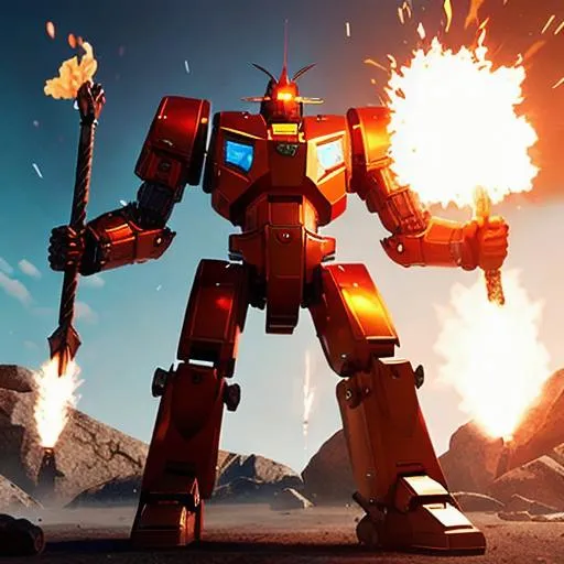 Giant robot with flaming bows and arrows, unreal eng...