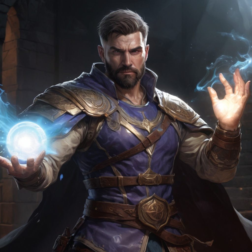 Male stocky large muscular battle-mage with short-cu...