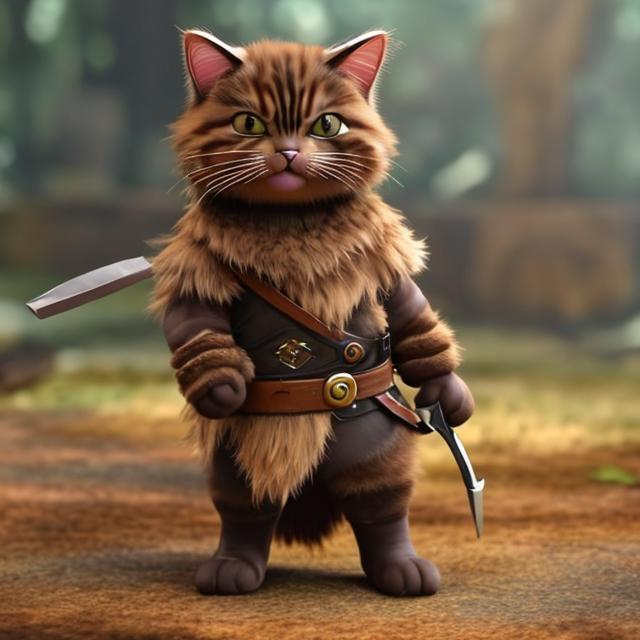 a cat with brown fur holding a knife and a belt with... | OpenArt
